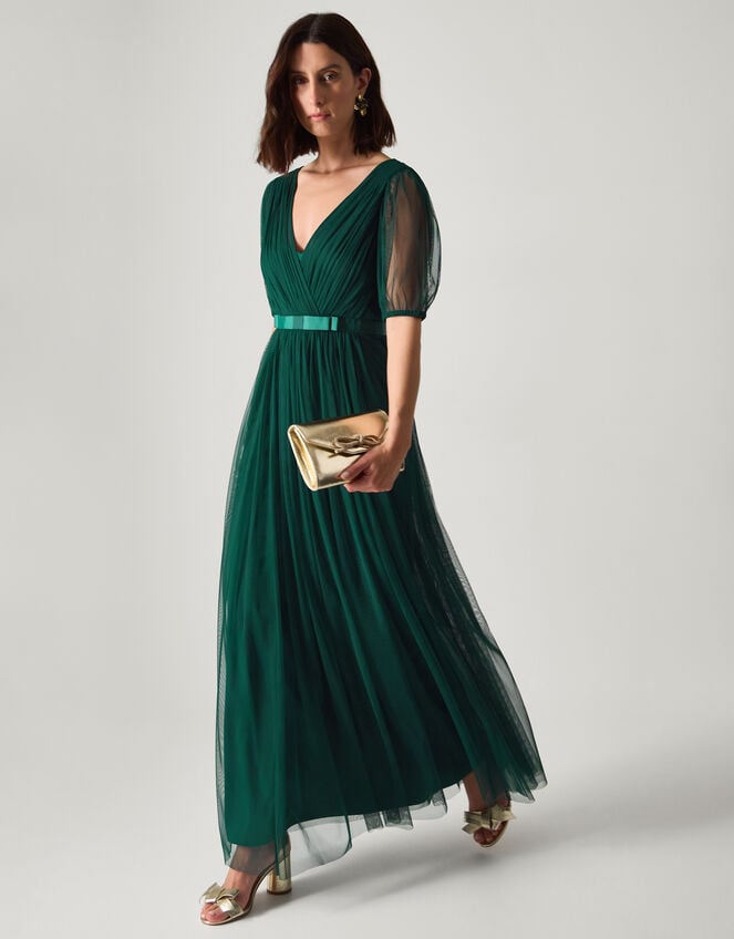 Ellie Sheer Sleeve Plunge Tulle Maxi Dress Green | Evening Dresses ...