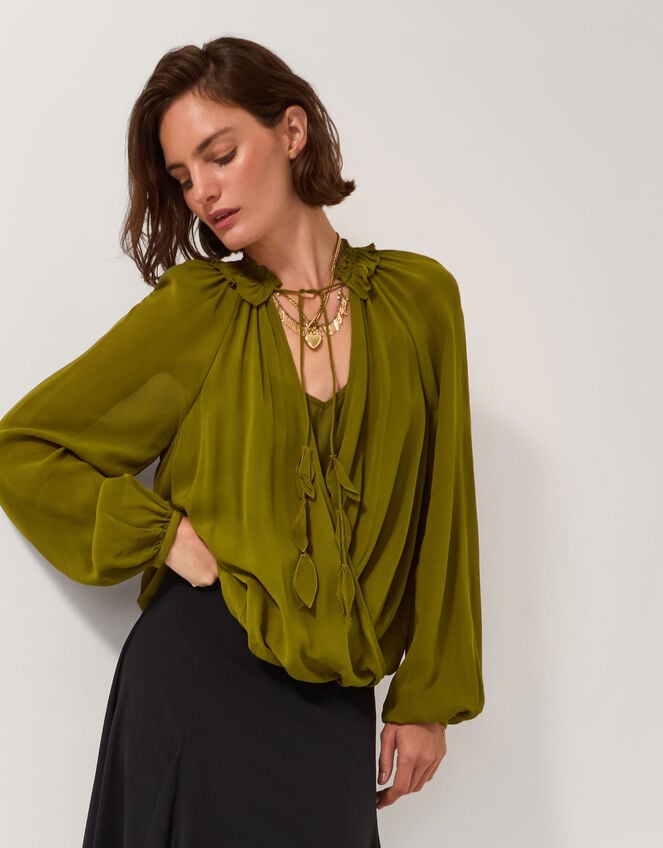 Ellie Frill Neck Wrap Blouse Green | Blouses & Shirts | Monsoon Global.