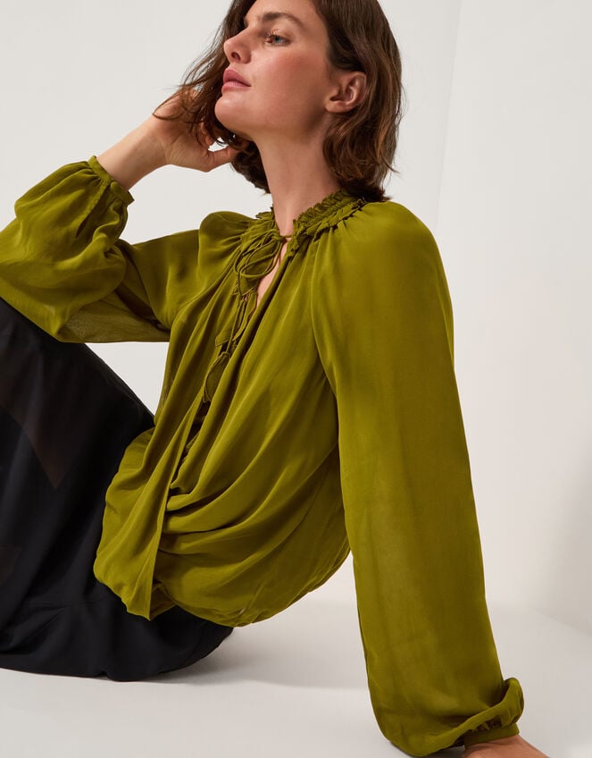 Ellie Frill Neck Wrap Blouse Green | Blouses & Shirts | Monsoon Global.