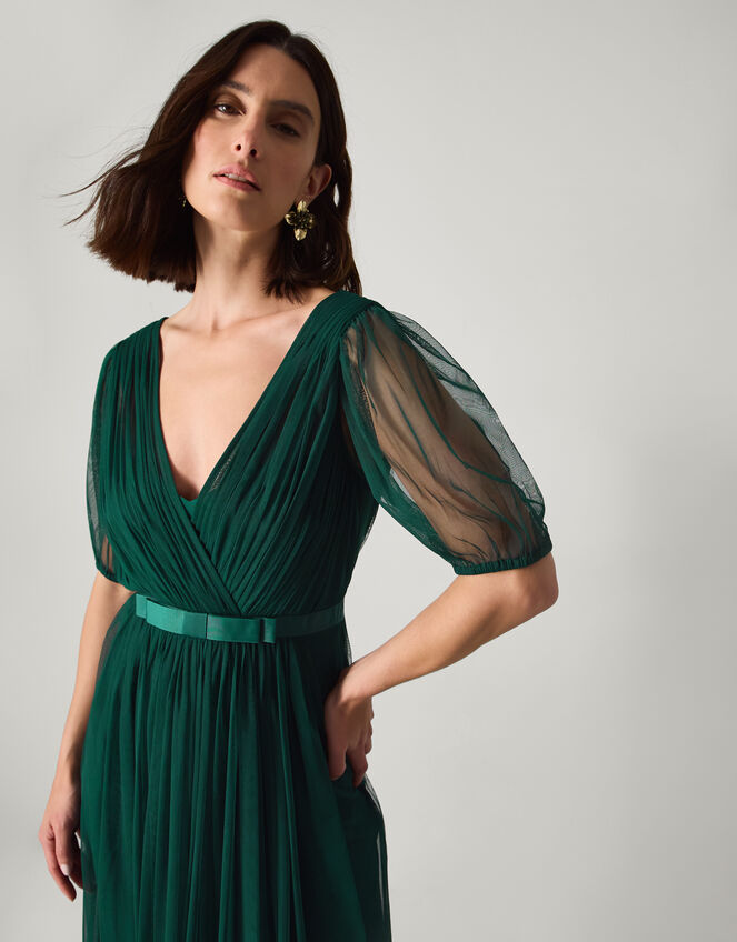 Ellie Sheer Sleeve Plunge Tulle Maxi Dress Green | Evening Dresses ...