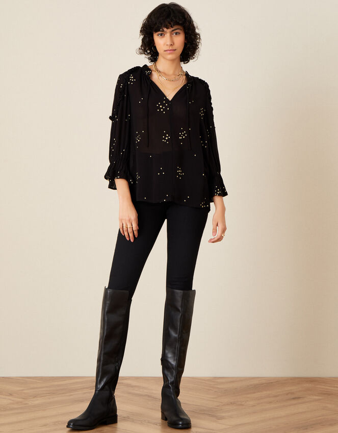 Mattie Frill Tie Neck Embellished Top Black