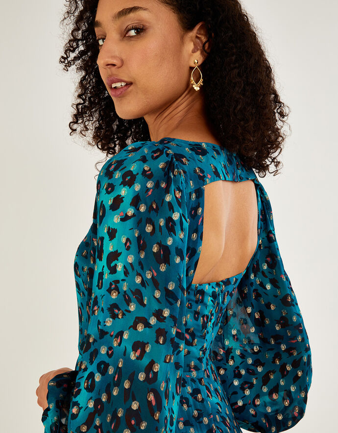 Leonella Animal Print Midi Dress in Sustainable Viscose Teal