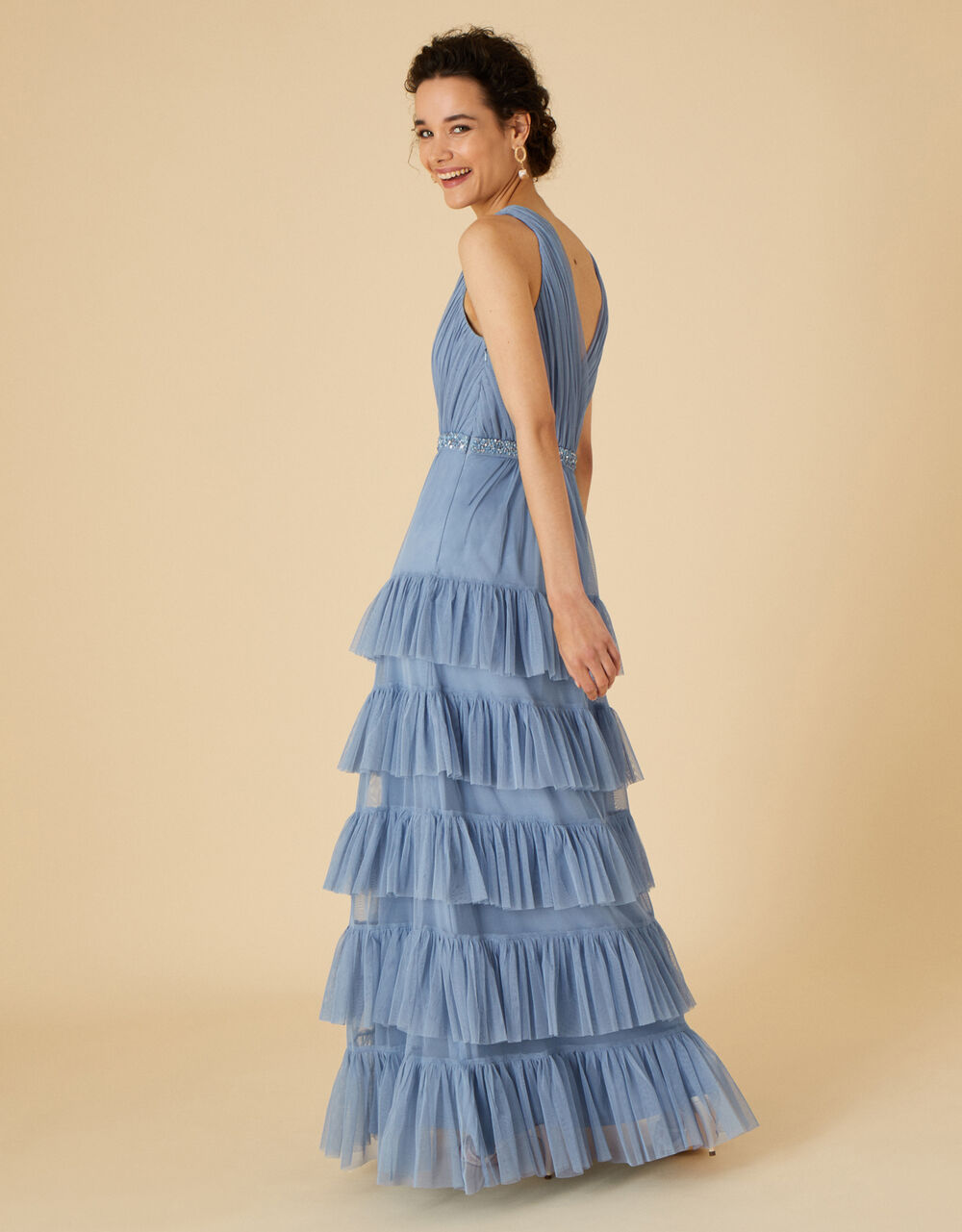 Tilly Tiered Maxi Dress in Recycled Polyester Blue | Evening Dresses ...