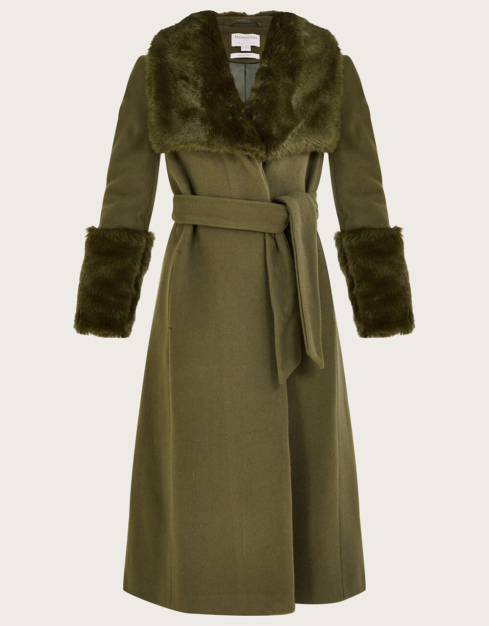 Sadie Faux Fur Trim Wrap Coat Green | Women's Coats | Monsoon Global.