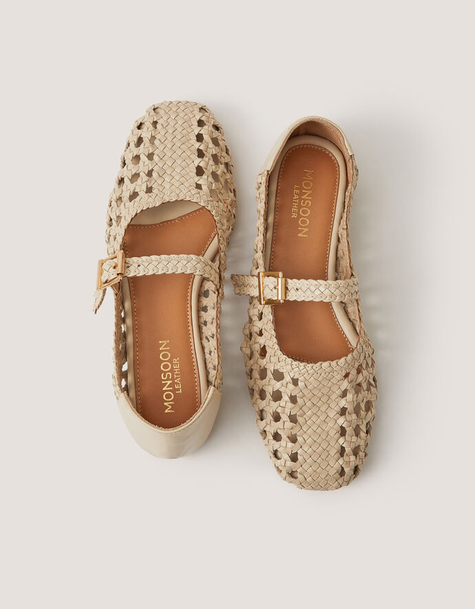 Bessy Woven Leather Mary Jane Ballet Flats Ivory | Women's Shoes ...