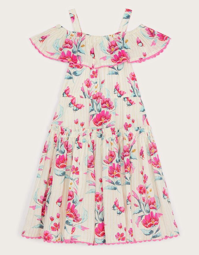 Floral Print Metallic Stripe Tiered Dress White