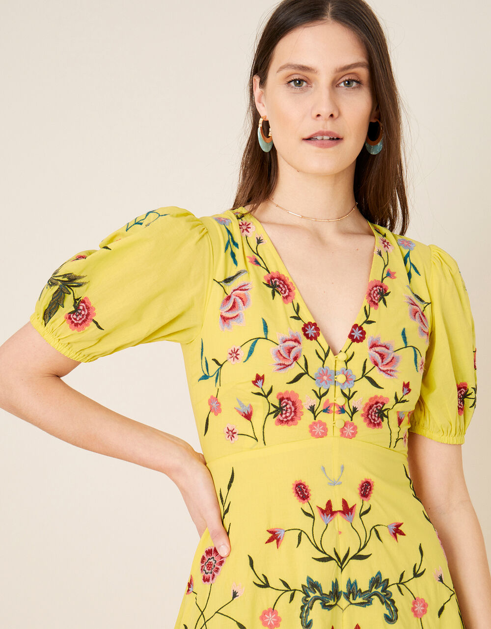Delia Embroidered Tea Dress Yellow | Evening Dresses | Monsoon Global.