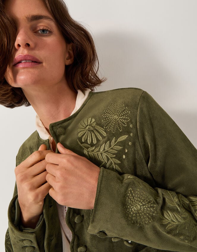 Ari Embroidered Faux Suede Jacket Green | Women's Jackets | Monsoon Global.
