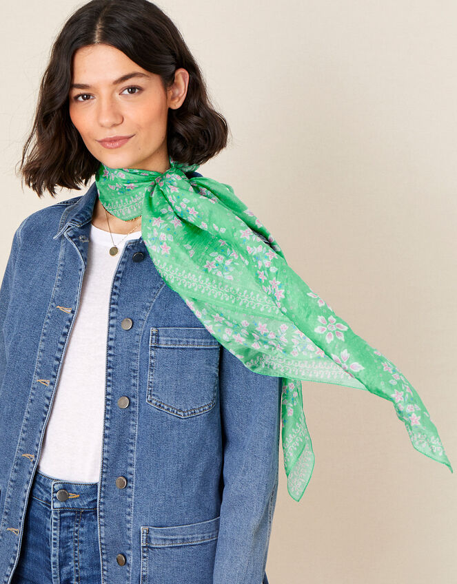 Floral Border Square Scarf in Pure Silk