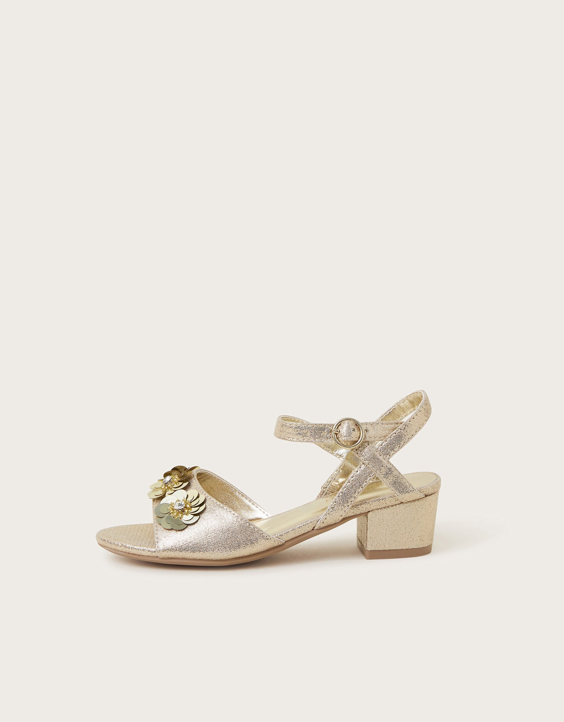 Floral Sequin Two-Part Slingback Mini Heels Gold | Shoes | Monsoon US.