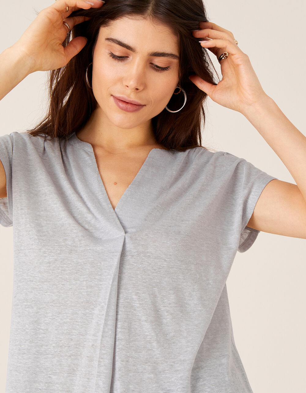 Split T-Shirt in Pure Linen Grey | Tops & T-shirts | Monsoon Global.