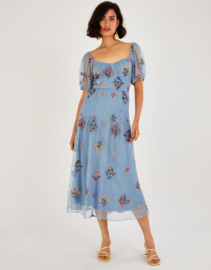 Cressida Embroidered Midi Dress in Recycled Polyester Blue