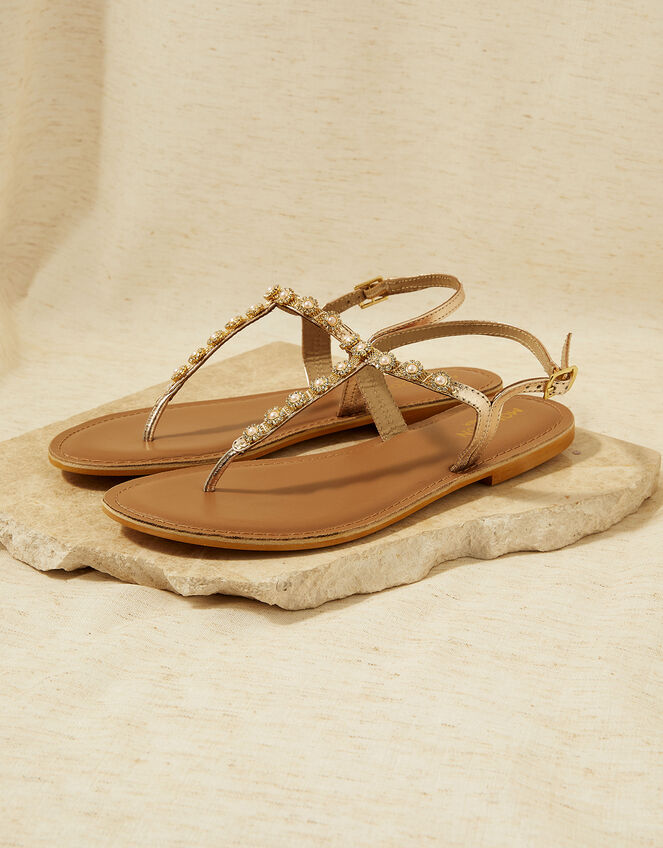 Floral Embellished Leather Toe Post Sandals Gold