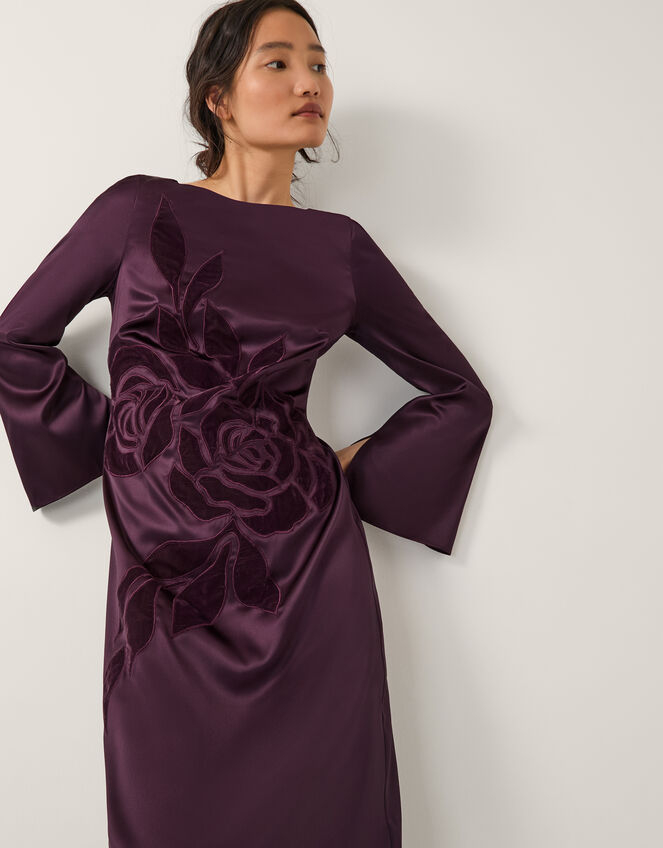 Callie Floral Satin Long Sleeve Midi Dress Purple | Evening Dresses ...