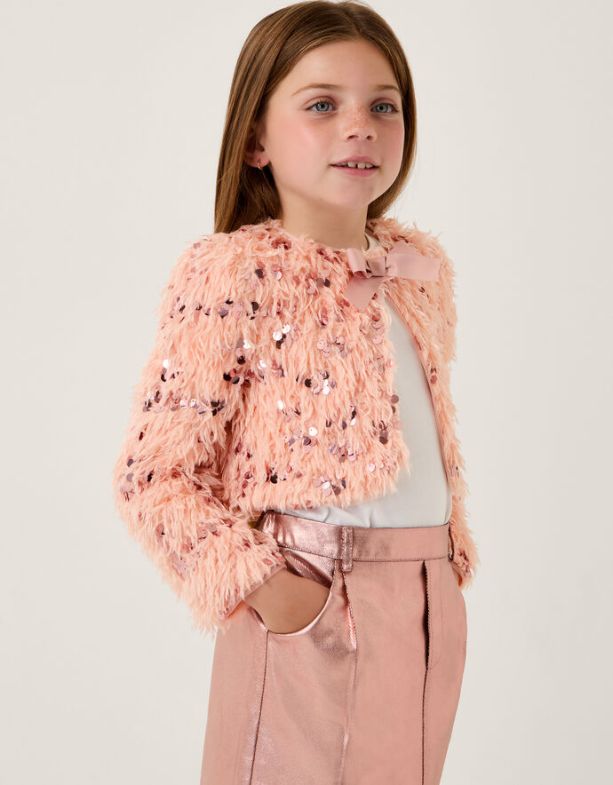Feather Sequin Bow Jacket Pink | Girls' Cardigans | Monsoon ROI.