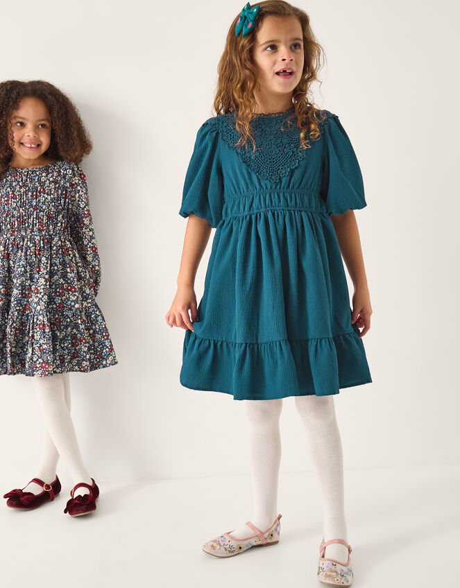 Crochet Yoke Tiered Dress Blue | Girls' Dresses | Monsoon Global.