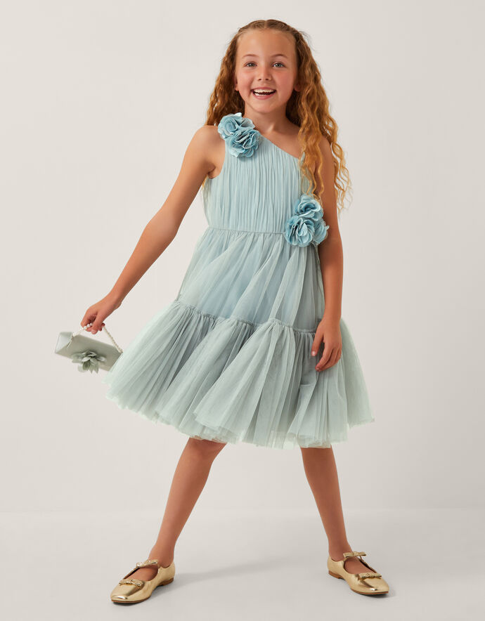 Ruby Asymmetric Flower Tulle Dress Green | Girls' Dresses | Monsoon Global.