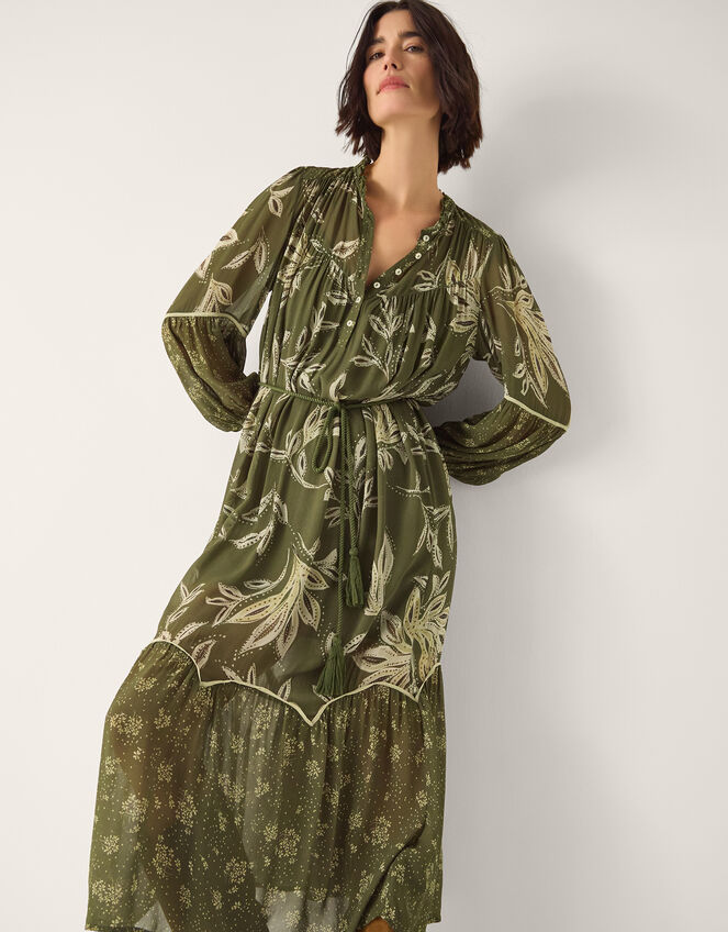 Leona Print Long Sleeve Midi Dress Green | Day Dresses | Monsoon Global.