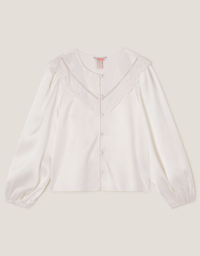 Embroidered Collar Satin Blouse Ivory