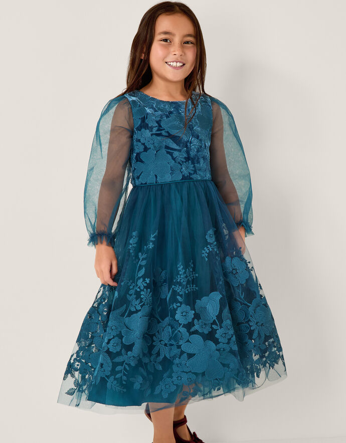 Alicia Long Sleeve Floral Embroidered Dress Teal | Girls' Dresses ...