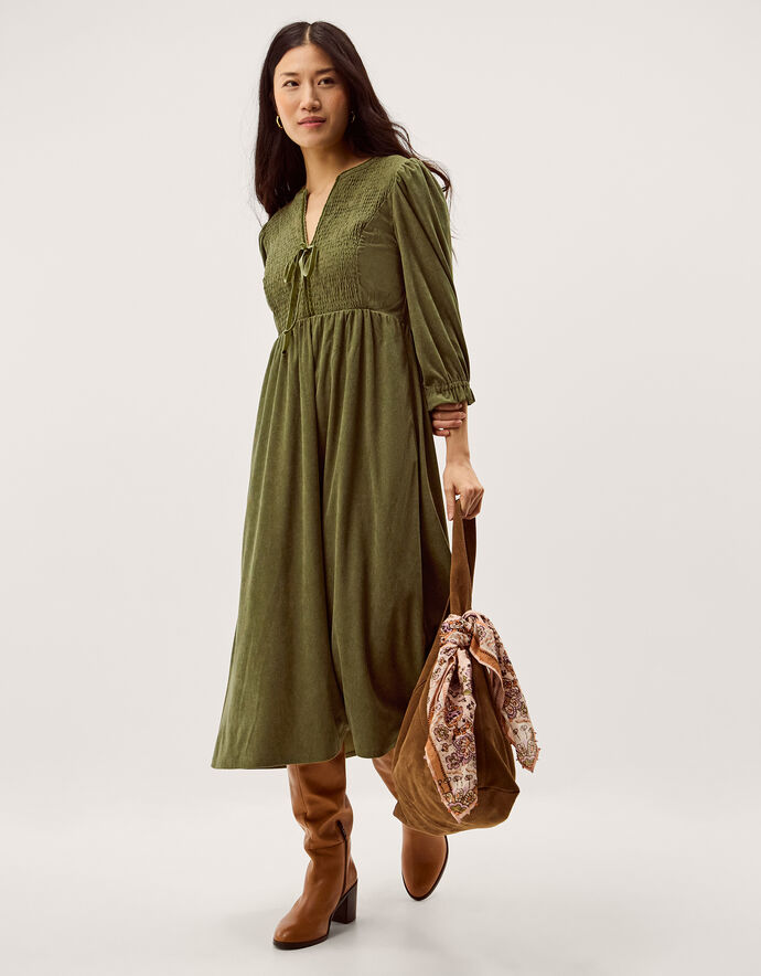 Sara Smocked Corduroy Midi Dress Green | Midi Dresses | Monsoon ROI.