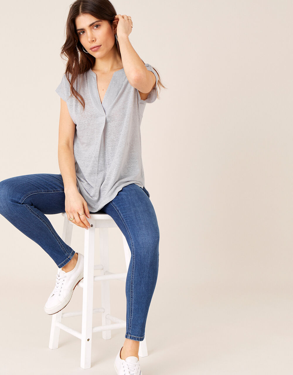 Split T-Shirt in Pure Linen Grey | Tops & T-shirts | Monsoon Global.