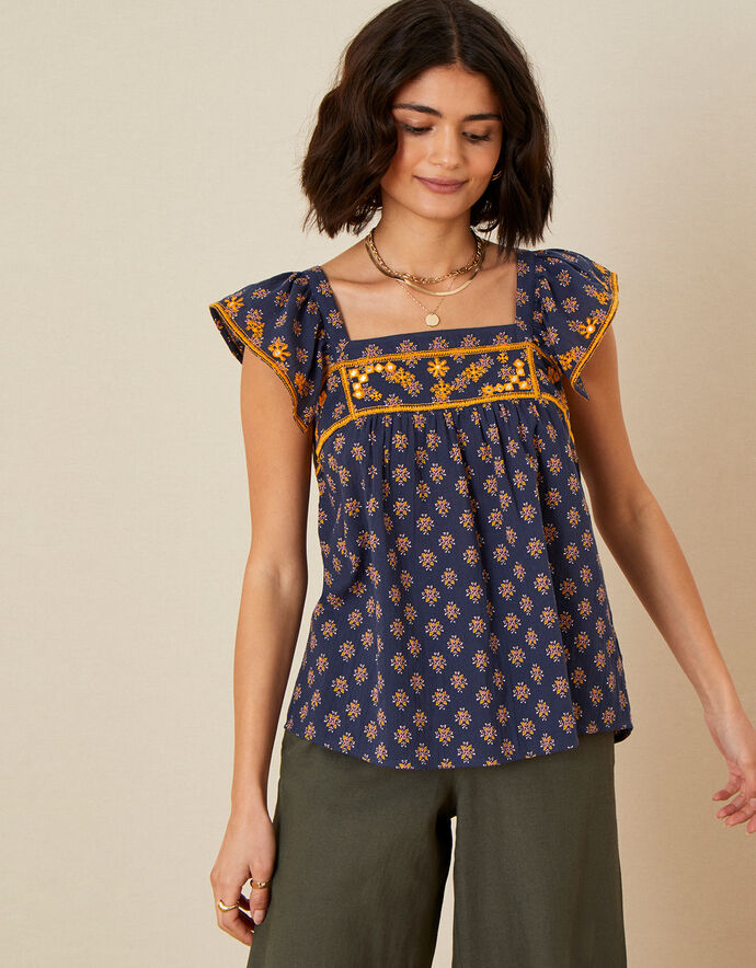 Embroidered Geo Print Top Blue | Tops & T-shirts | Monsoon US.