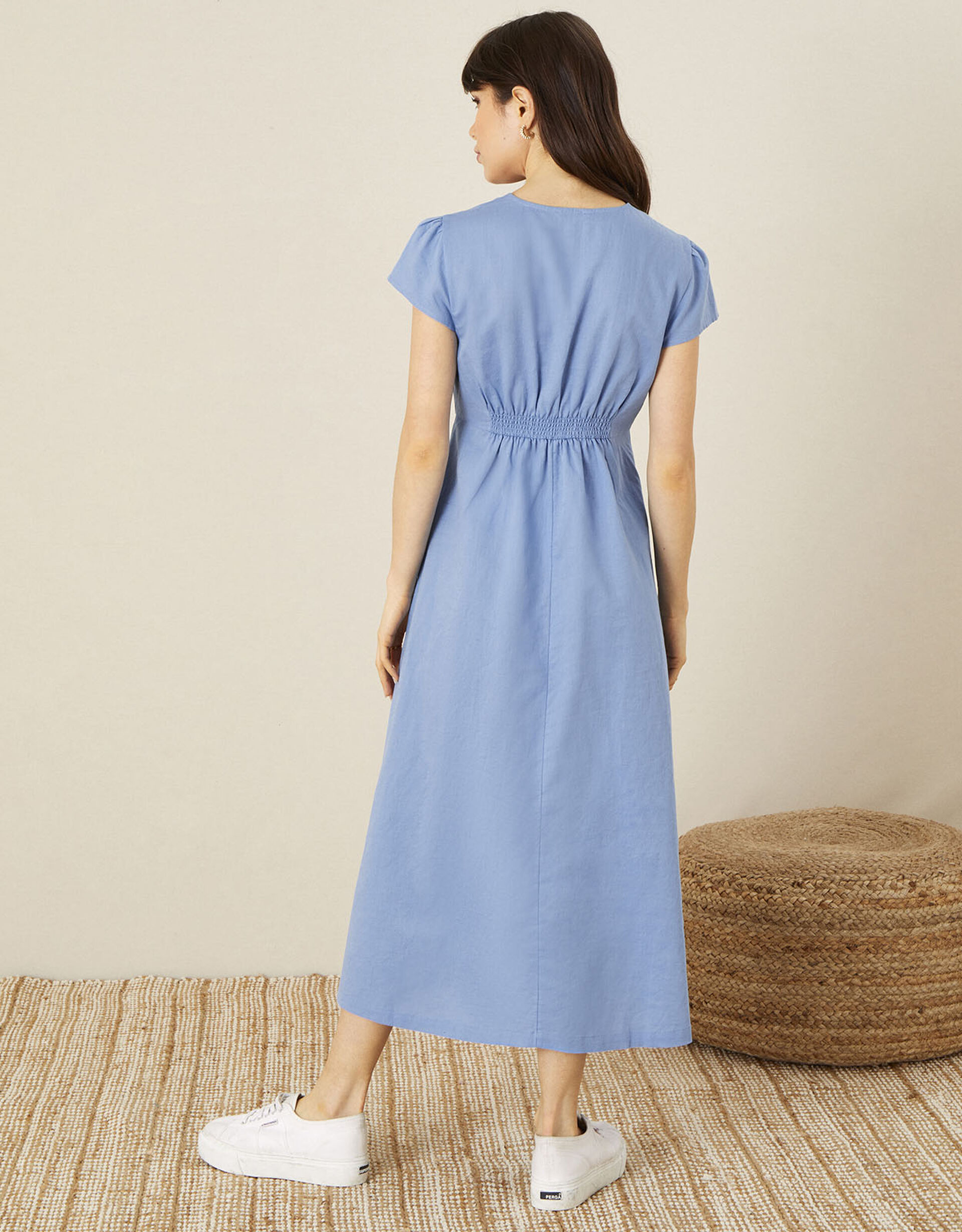 Embroidered Midi Dress in Linen Blend Blue