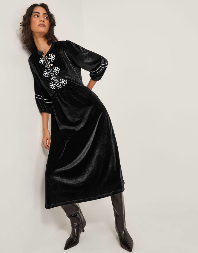 Venus Embroidered Stretch Velvet Midi Dress Black | Midi Dresses ...