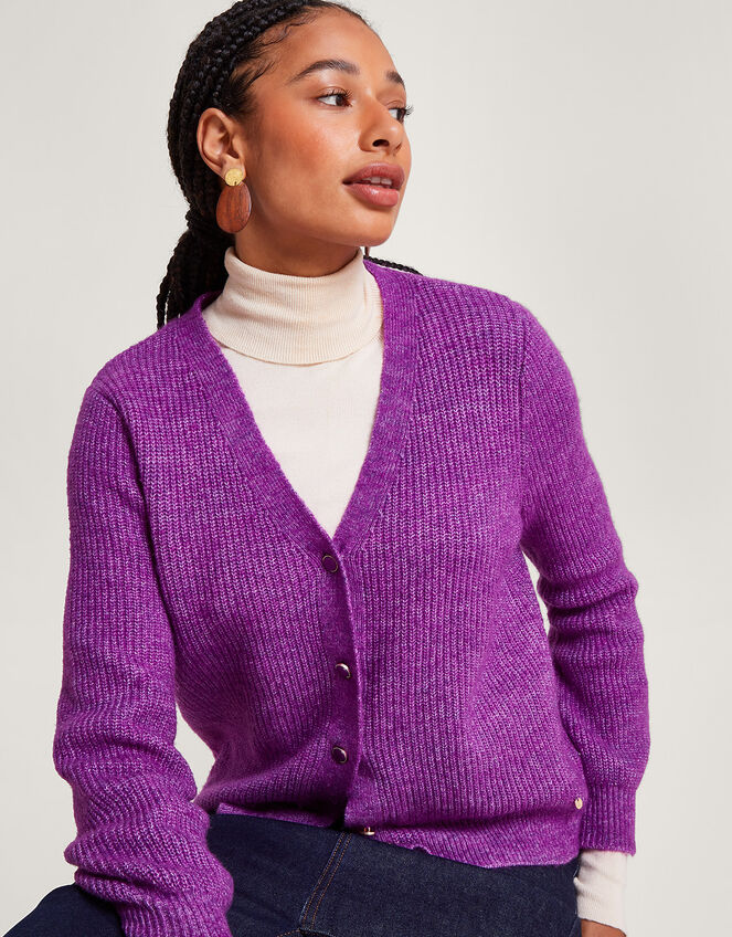 Super-Soft Ribbed Knit Cardigan Purple