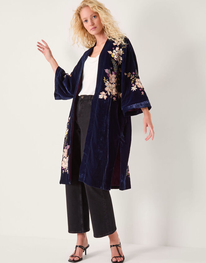 Fallon Embroidered Velvet Kimono Blue | Women's Jackets | Monsoon Global.