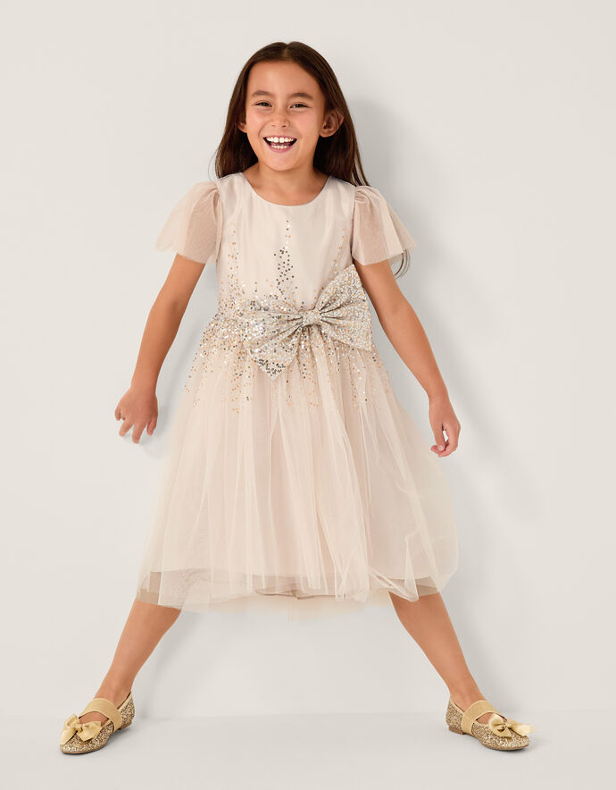 Samara Sequin Waterfall Bow Dress Gold | Girls' Dresses | Monsoon Global.