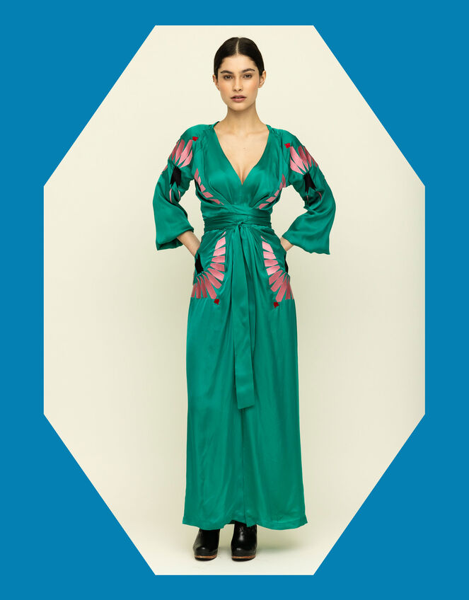 Tallulah & Hope Aziza Long Embroidered Wrap Dress Green