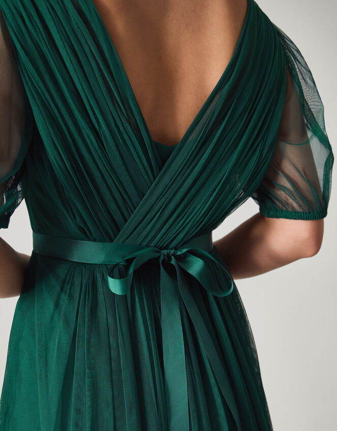 Ellie Sheer Sleeve Plunge Tulle Maxi Dress Green | Evening Dresses ...