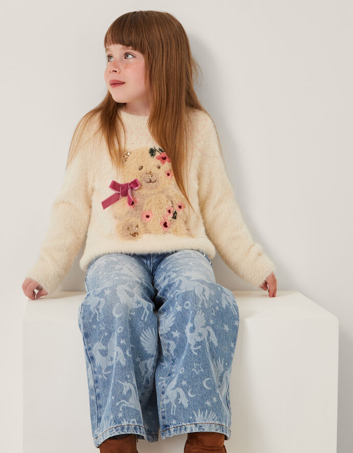 Bear Embellished Fuzzy Sweater Ivory | Girls' Cardigans | Monsoon US.