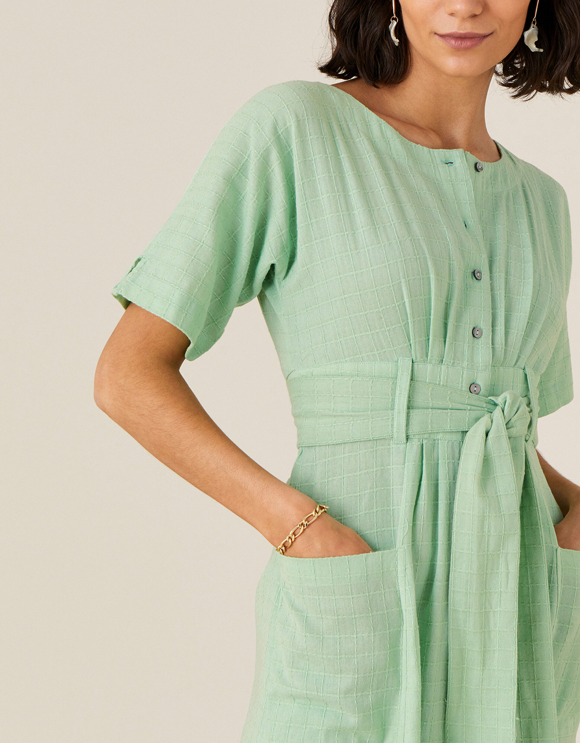 Crosshatch Midi Dress in Pure Cotton Green | Day Dresses | Monsoon US.