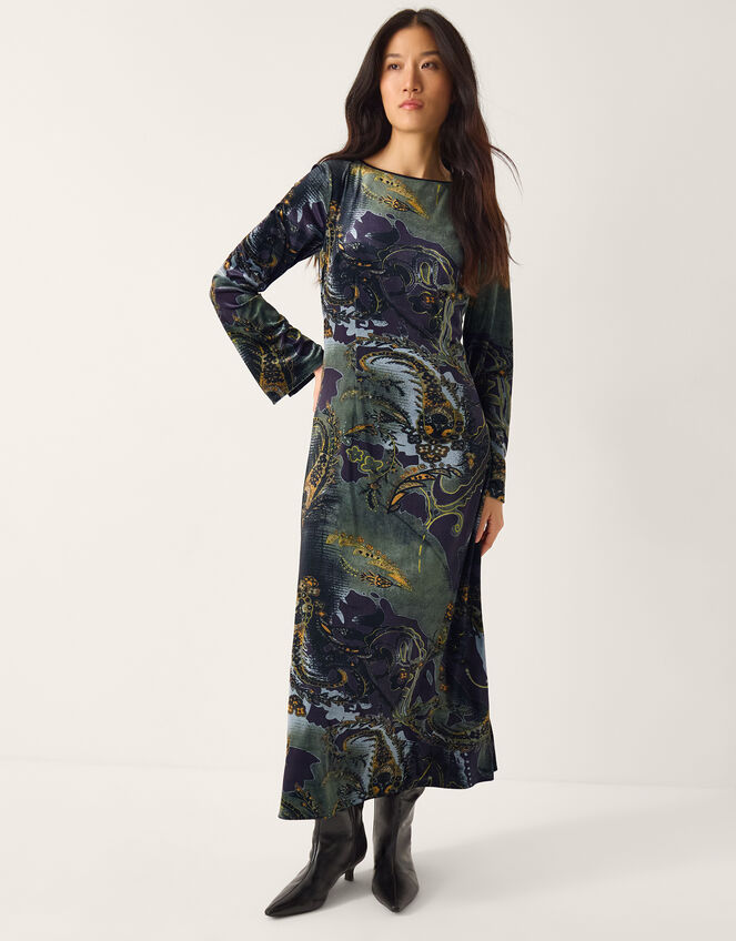 Delta Print Velvet Jersey Midi Dress Black | Midi Dresses | Monsoon Global.