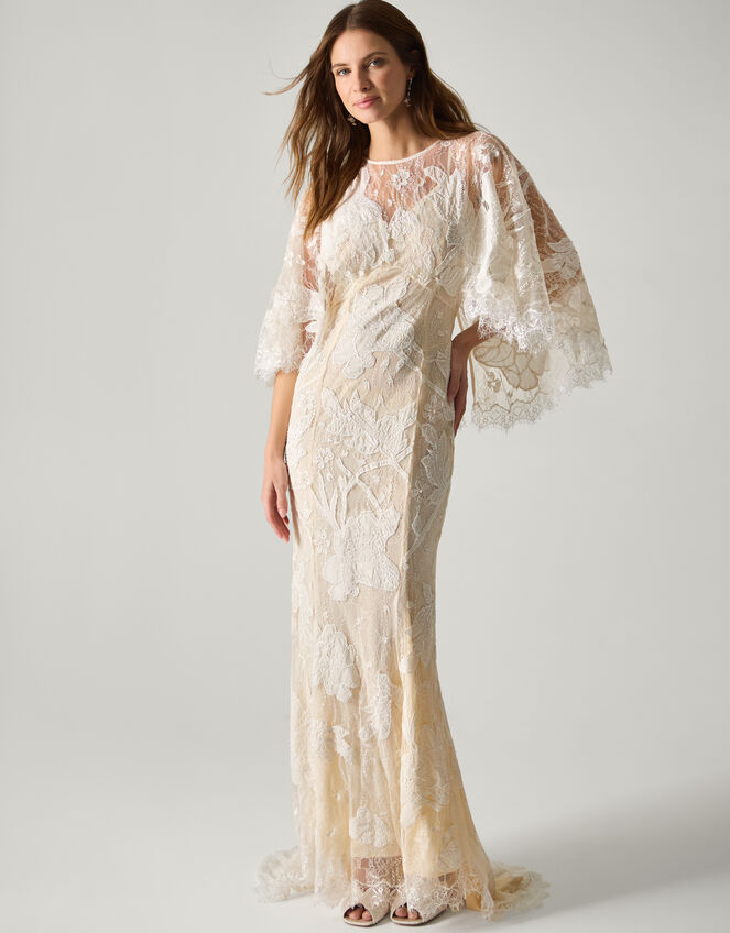 Eileen Cape Embellished Floral Lace Wedding Dress Ivory | Wedding ...