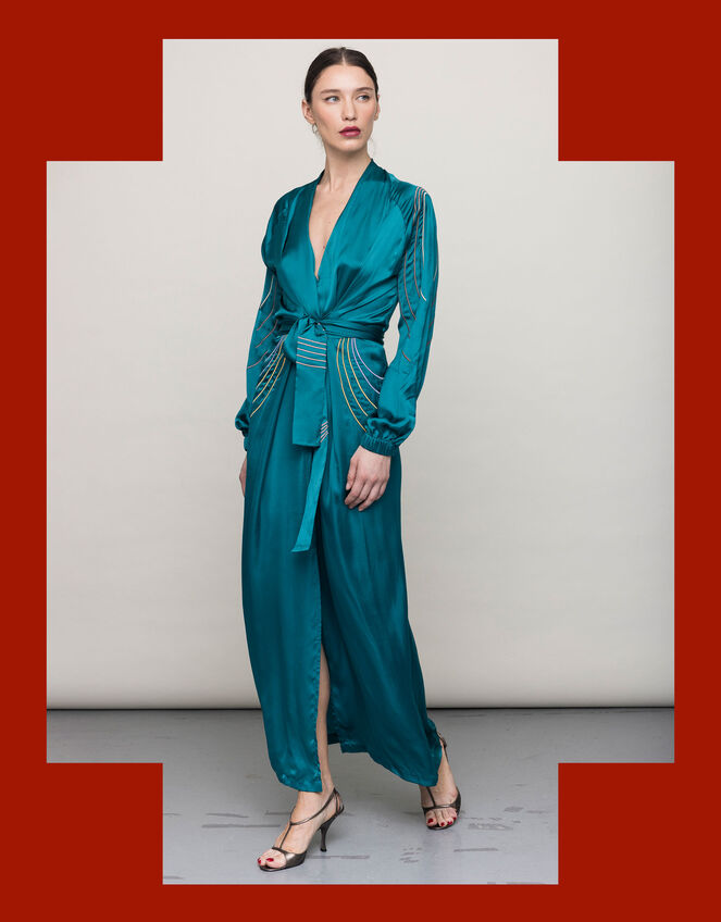 Tallulah and Hope Embroidered Satin Maxi Dress Green
