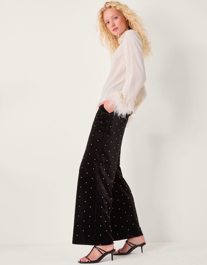 Emma Embellished Velvet Wide Leg Trousers Black