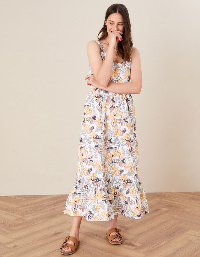 Palm Print Sundress in Linen Blend Natural