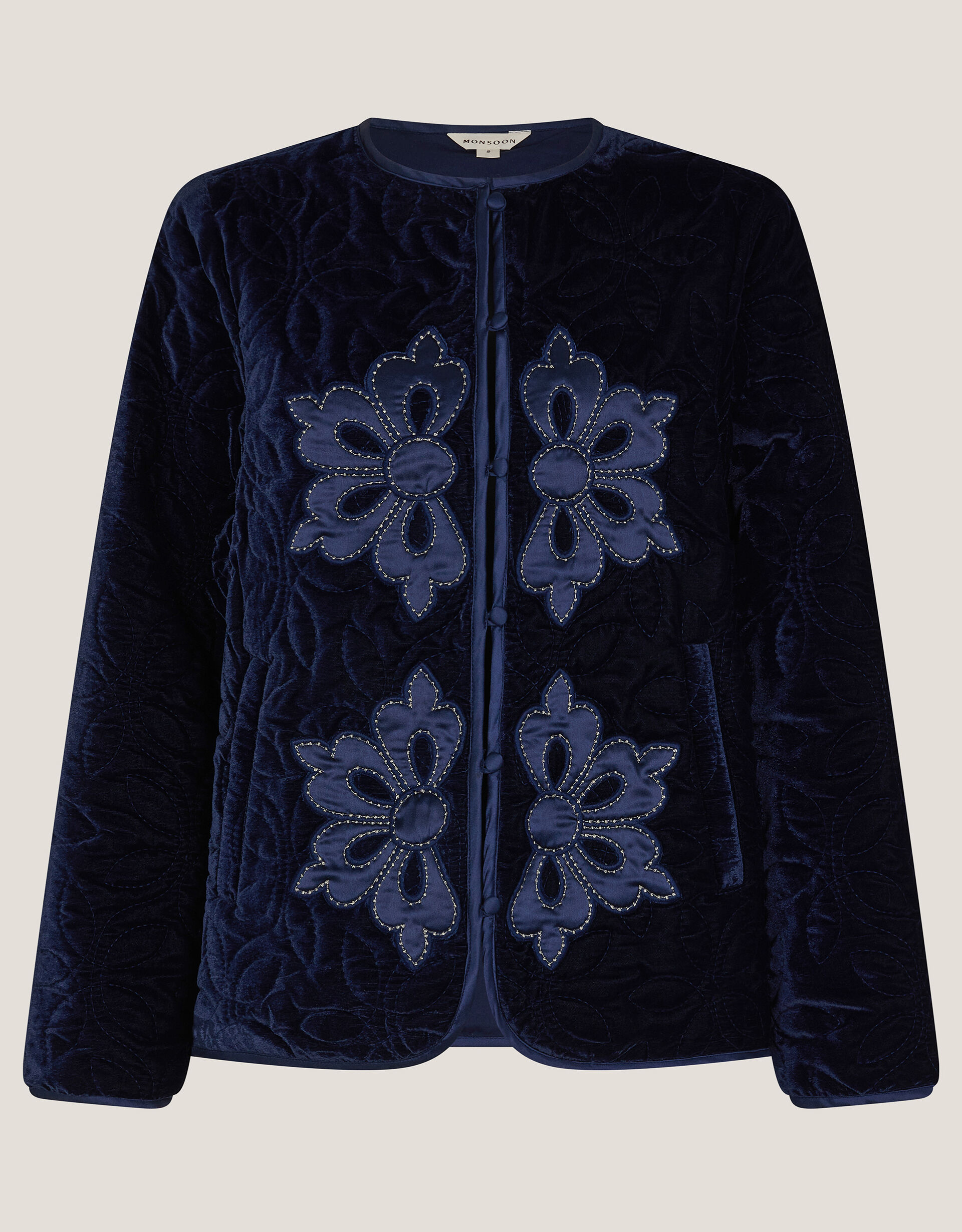 Delilah Embroidered Velvet Quilted Jacket Blue