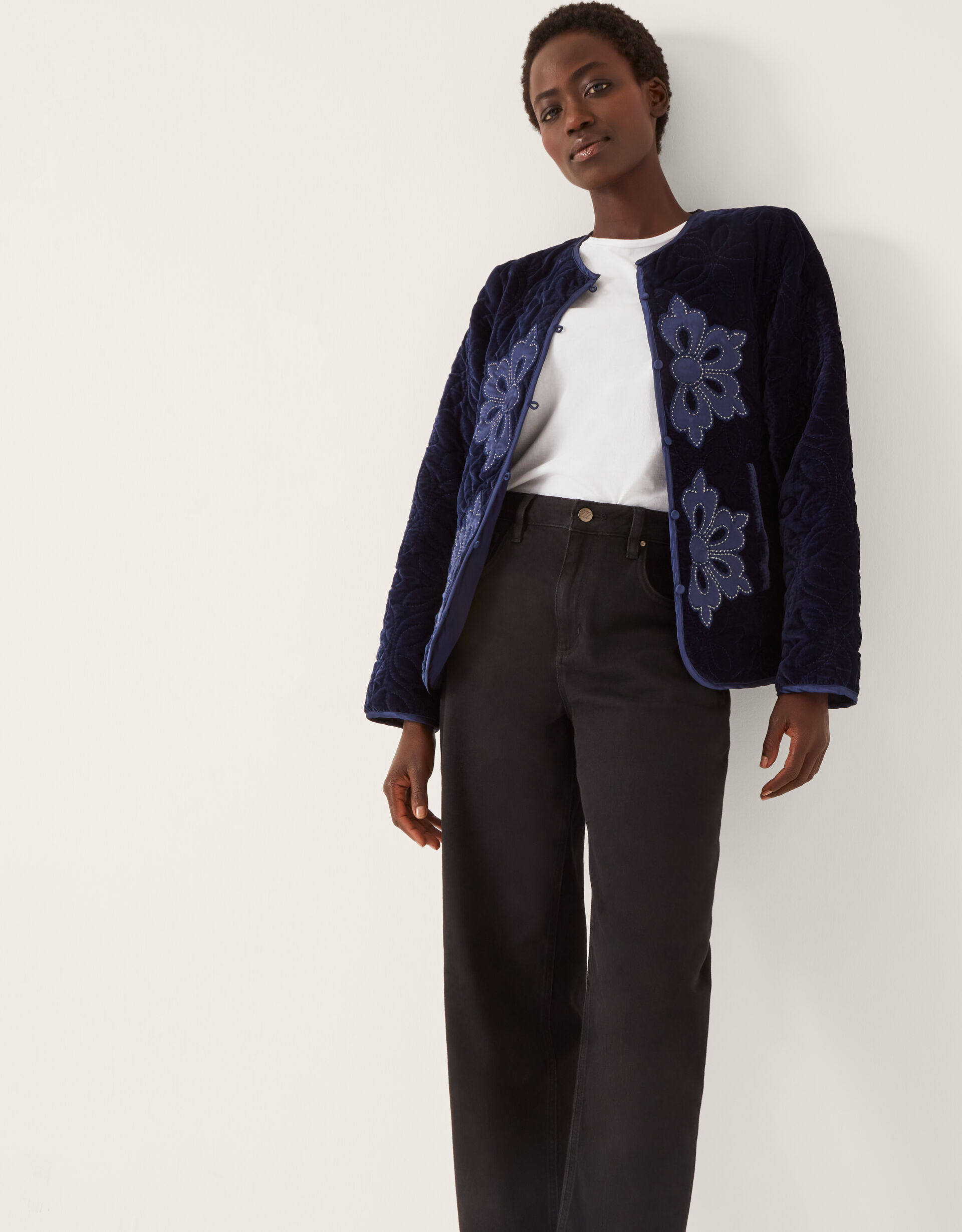 Delilah Embroidered Velvet Quilted Jacket Blue