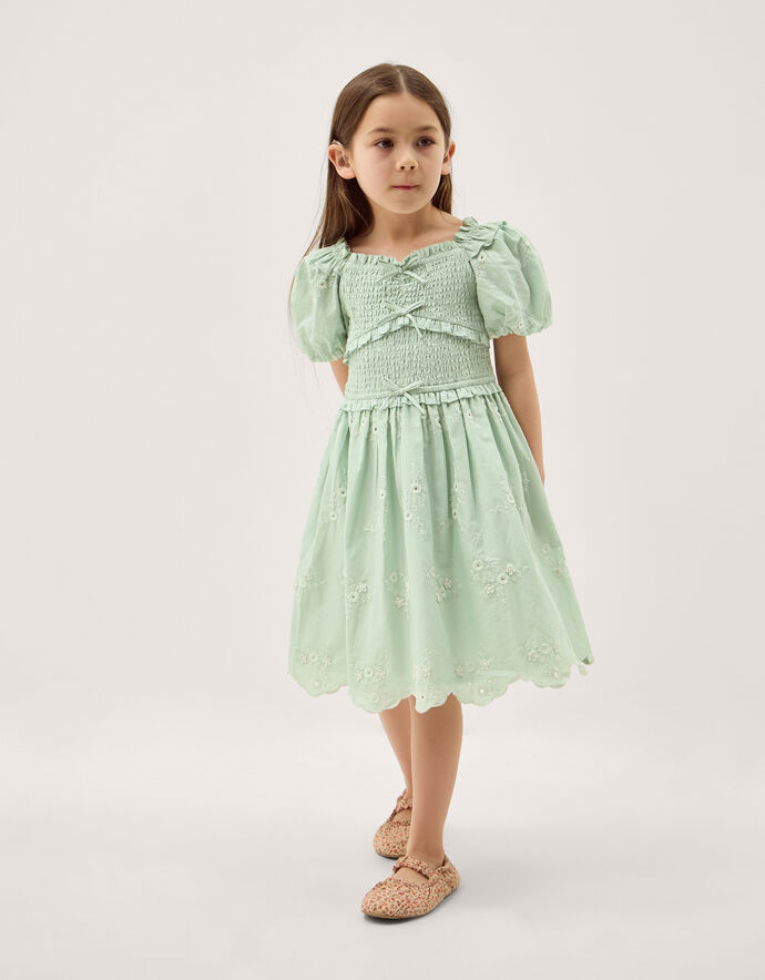 Embroidered Puff Sleeve Smocked Dress Green | Girls' Dresses | Monsoon US.