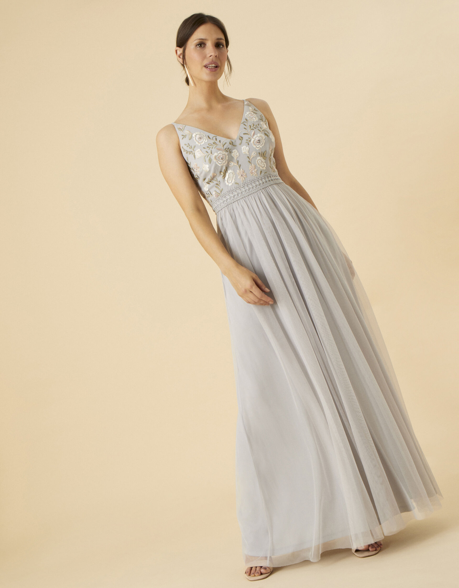 Kathy Embroidered Maxi Dress in Recycled Polyester Silver | Dresses ...