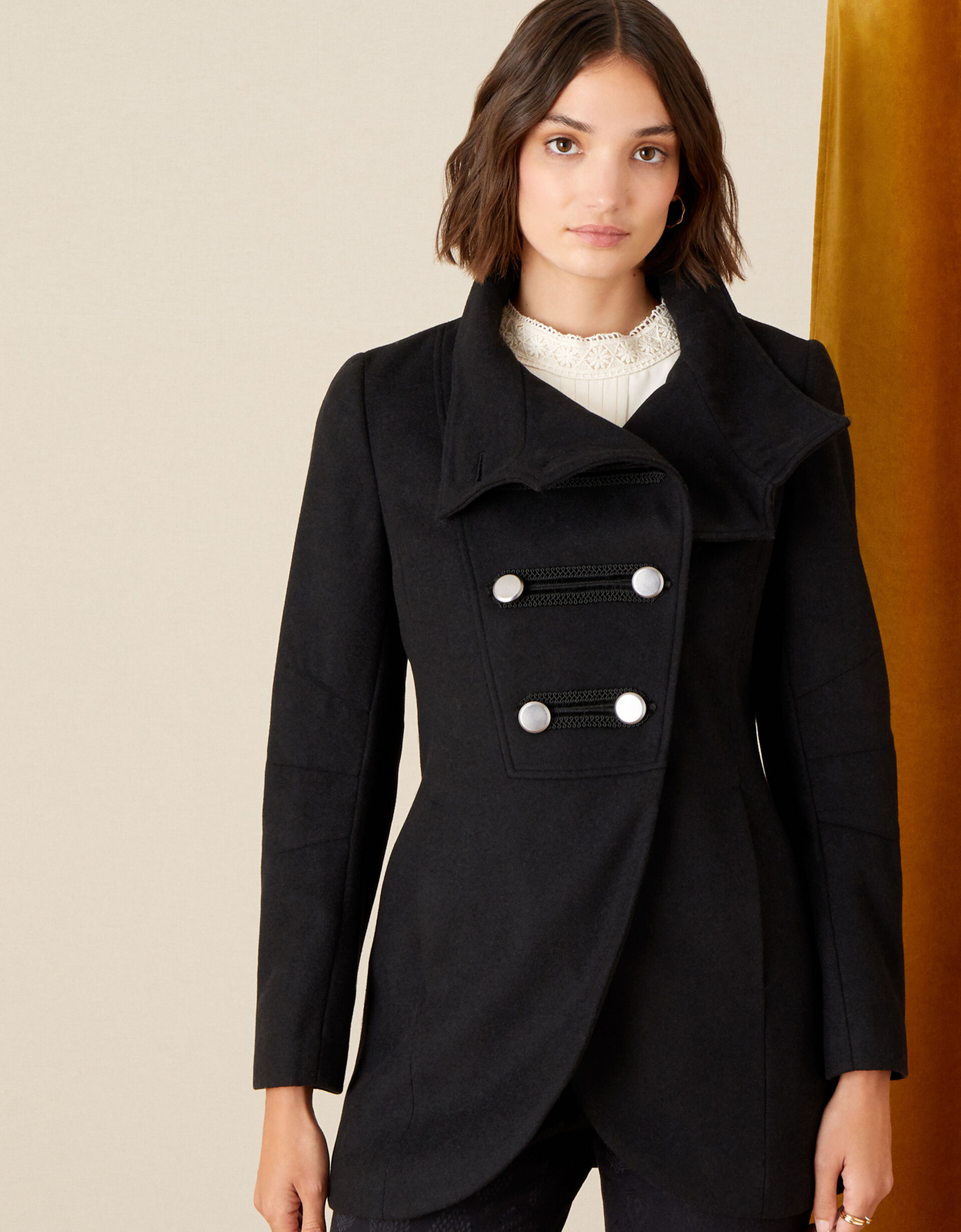Lizzie Military Peacoat in Wool Blend Black