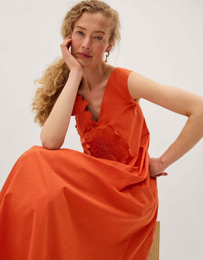 Rosalie Floral Appliqué Cotton Midi Dress Orange