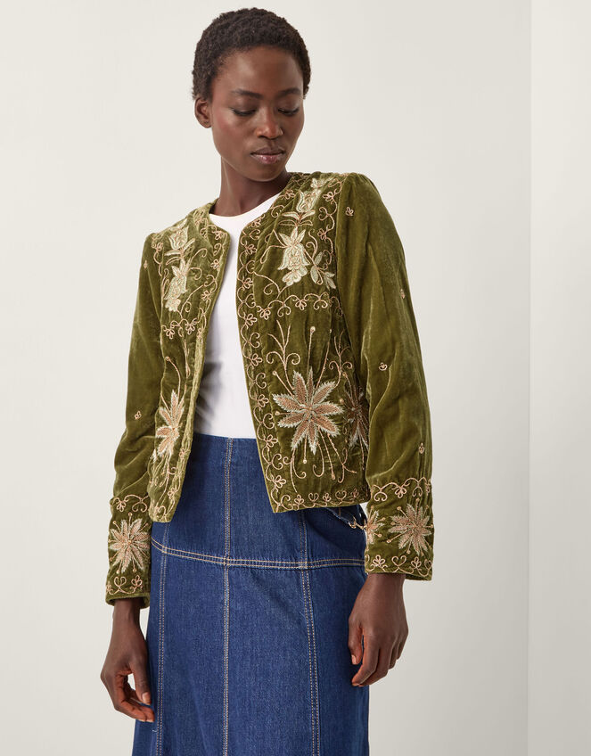 Magda Floral Embroidered Velvet Jacket Green | Women's Jackets ...