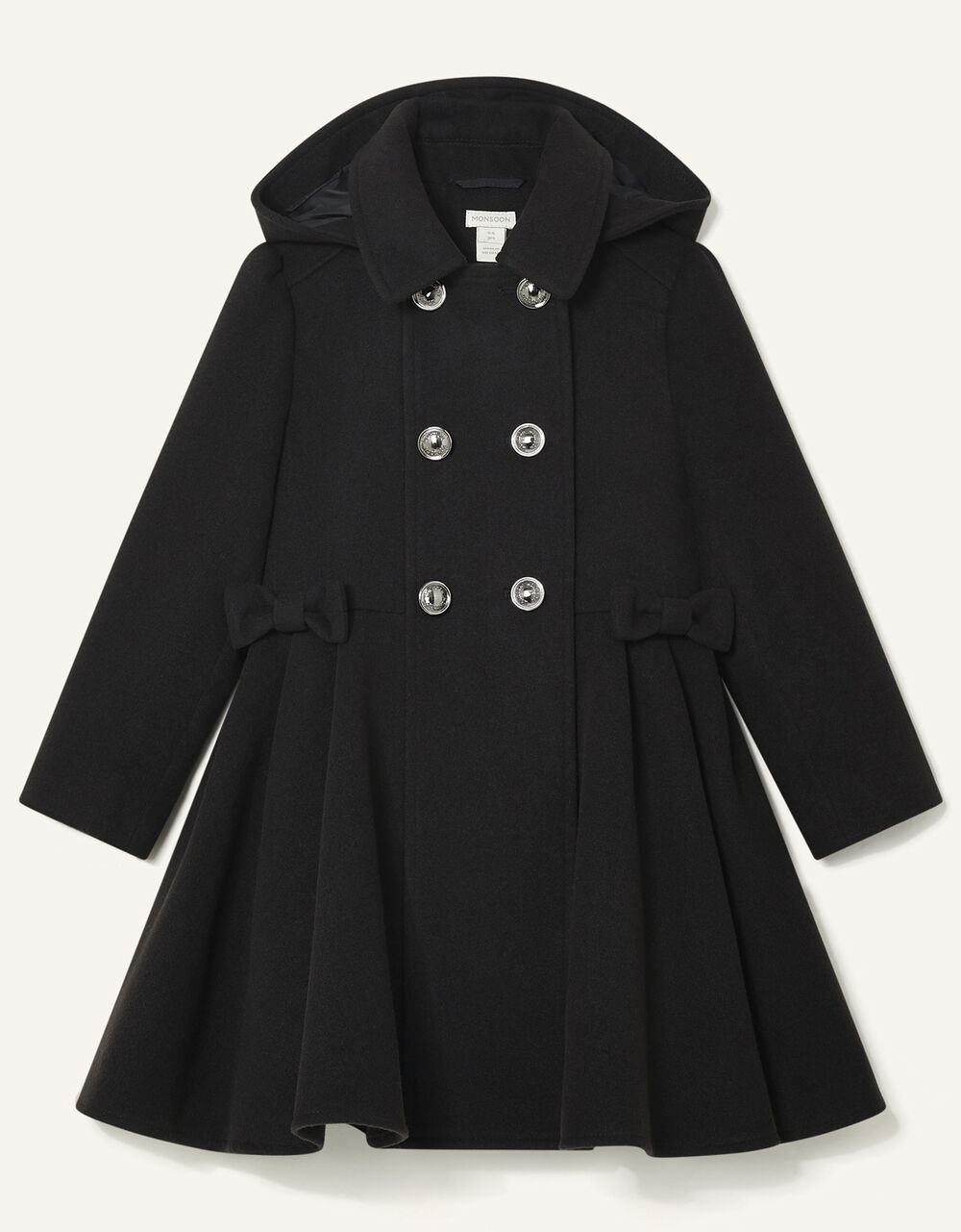 Bow Side Hooded Coat Black | Girls' Coats & Jackets | Monsoon Global.