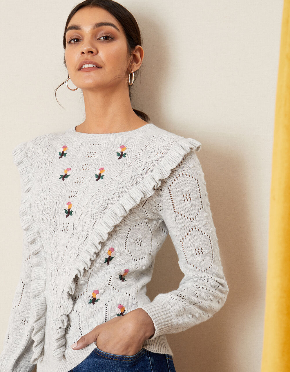 Embroidered Ruffle Jumper Grey